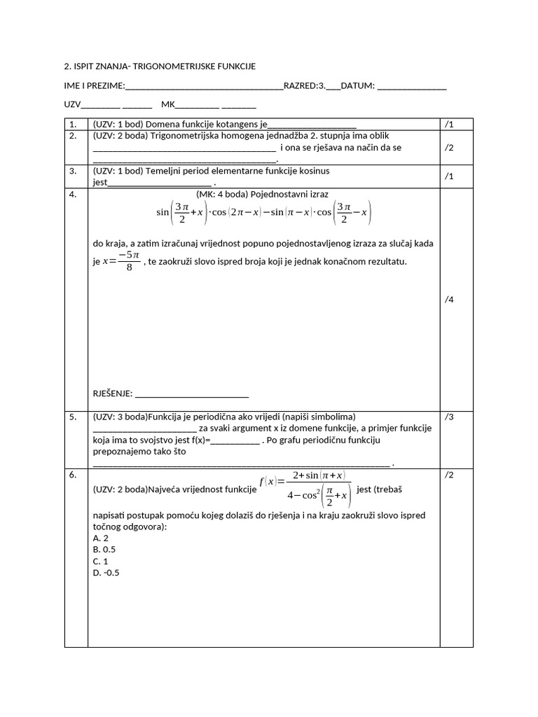 Ispit Znanja-Trigonometrija (2.dio) - 2.put | PDF