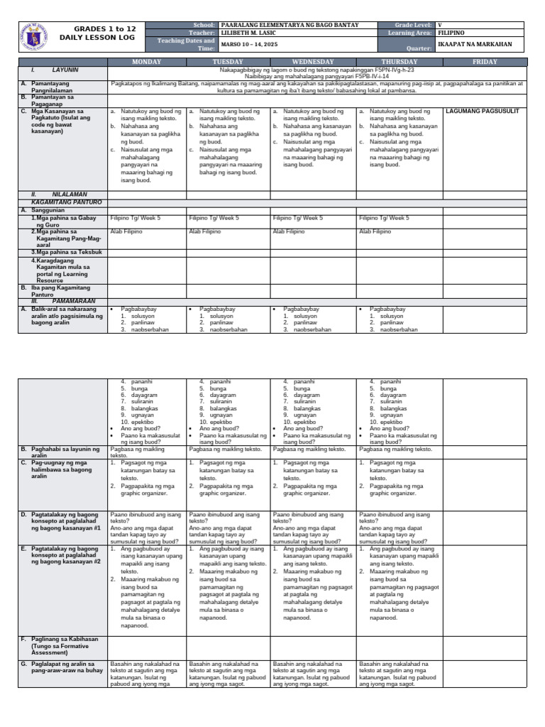 DLL - Filipino 5 - Q4 - W5 | PDF
