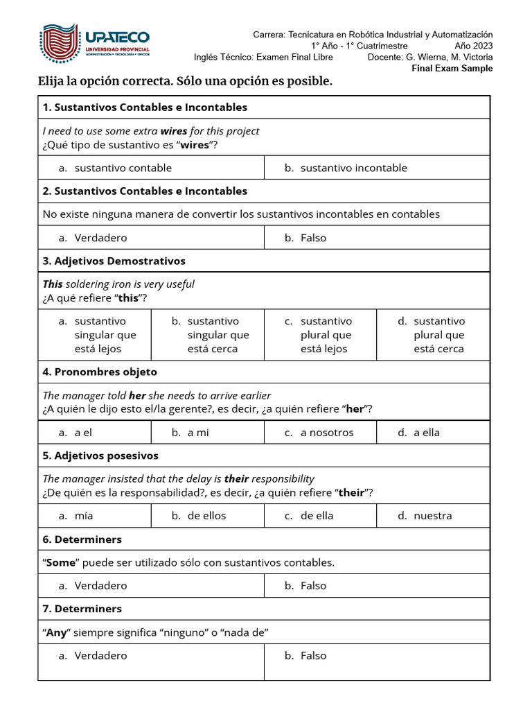 Final Exam Sample Rob y Aut 2023 | PDF | Sustantivo | Morfología
