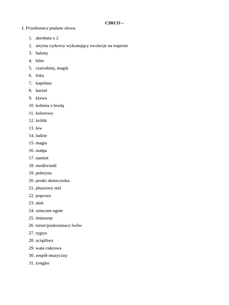 El Circo - Vocabulario El Curso Sexto - para Estudiantes | PDF