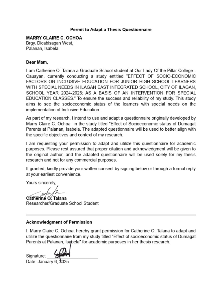 Permit to Adapt a Thesis Questionnaire | PDF