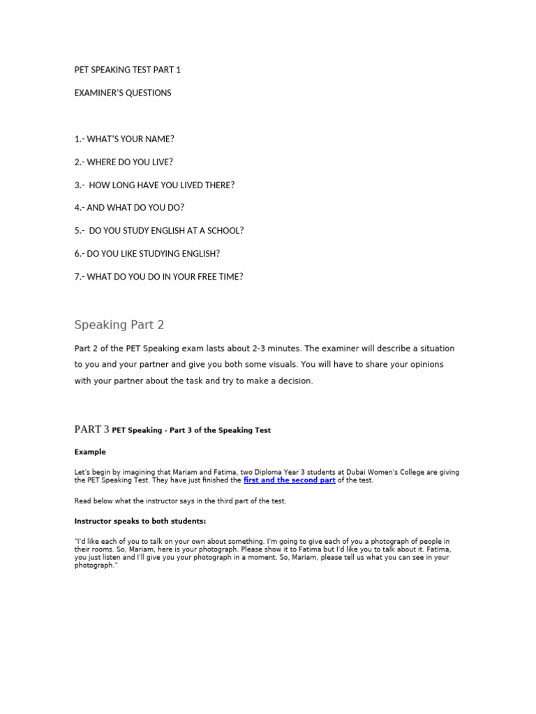 Pet Speaking Section Examiners Directions Oneonone Activities Picture ...