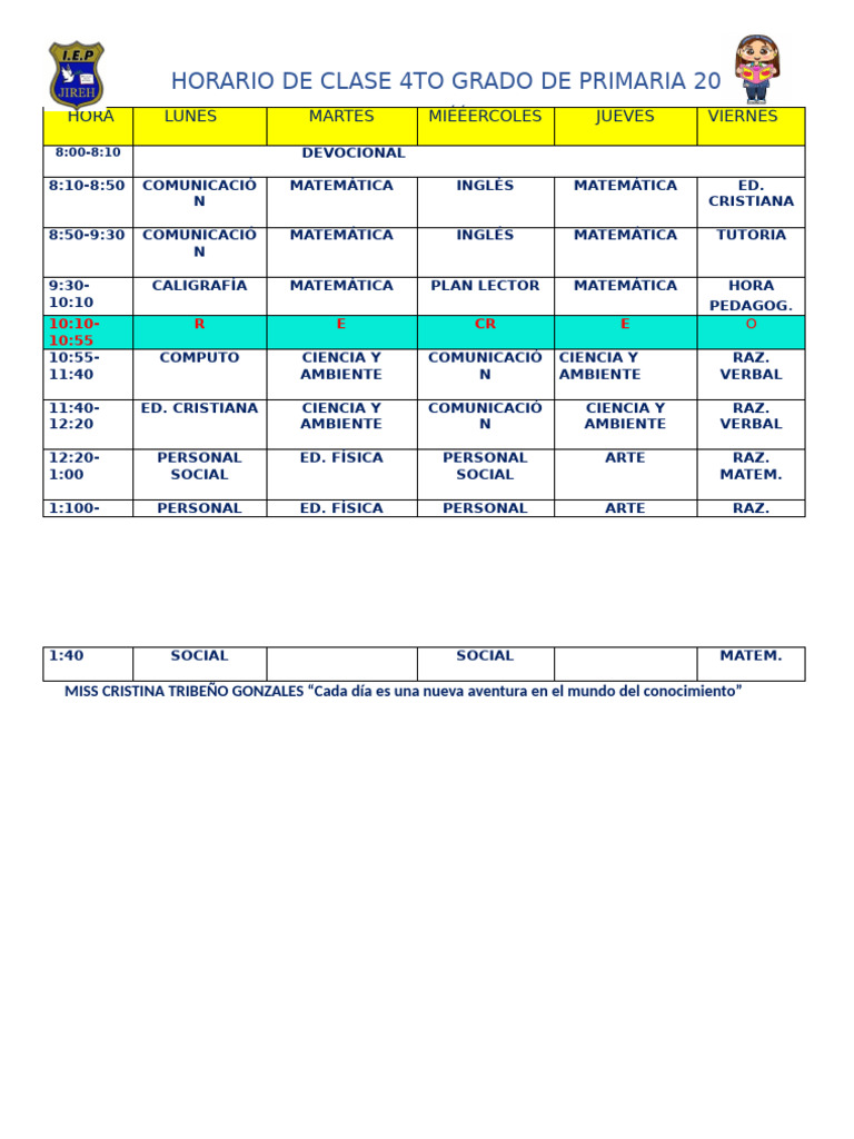 Horario de Clase 4to Grado de Primaria 2025 | PDF
