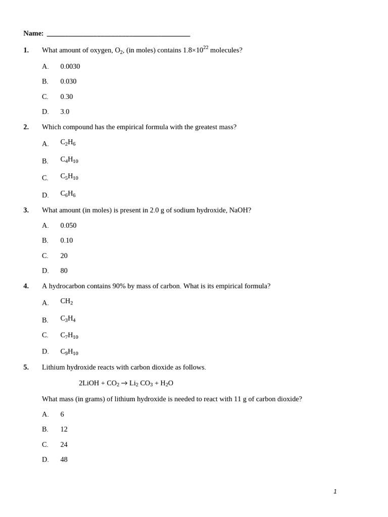 Chemistry Mole Calculations Quiz | PDF | Mole (Unit) | Hydroxide