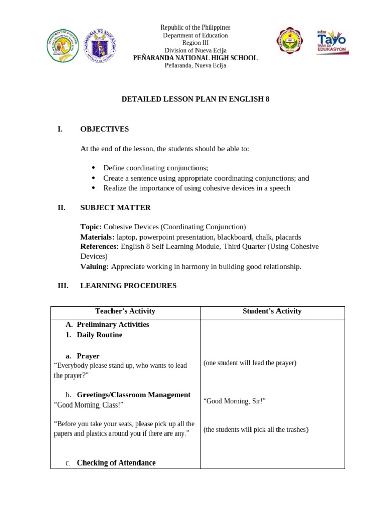 DETAILED LESSON PLAN IN ENGLISH 8 (COHESIVE DEVICES) | PDF