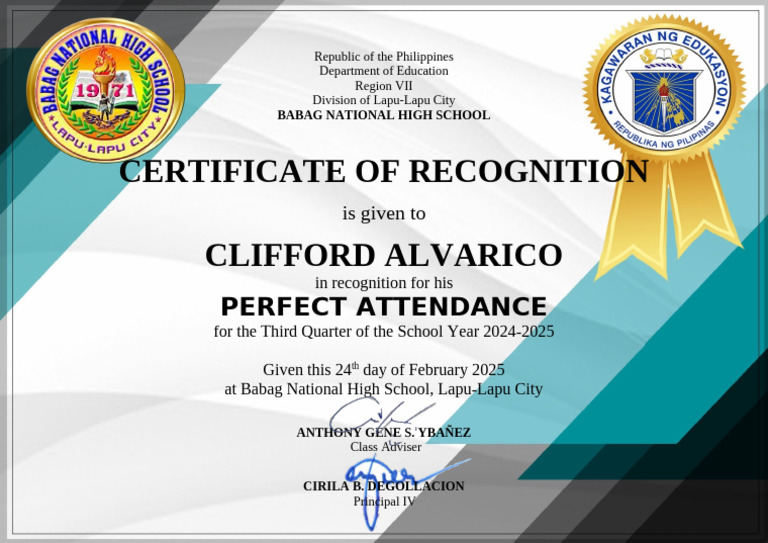 Certificate of Perfect Attendance 2025 | PDF