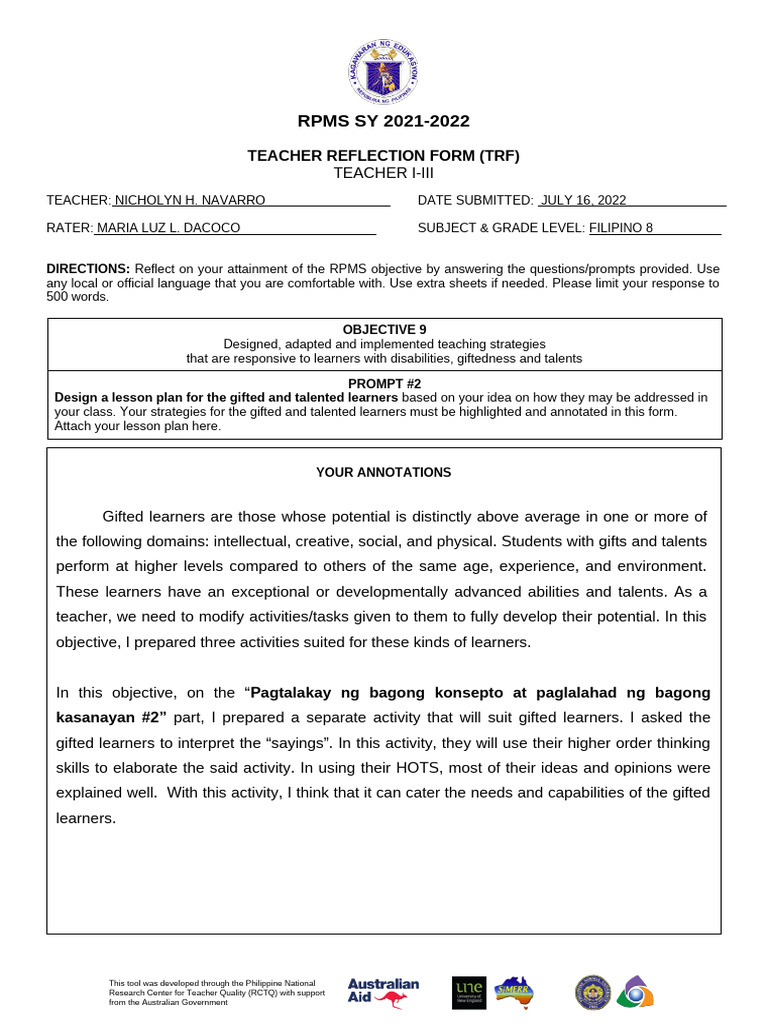 Objective 9 10 TRF Prompt 2 Ip | PDF | Lesson Plan | Gifted Education