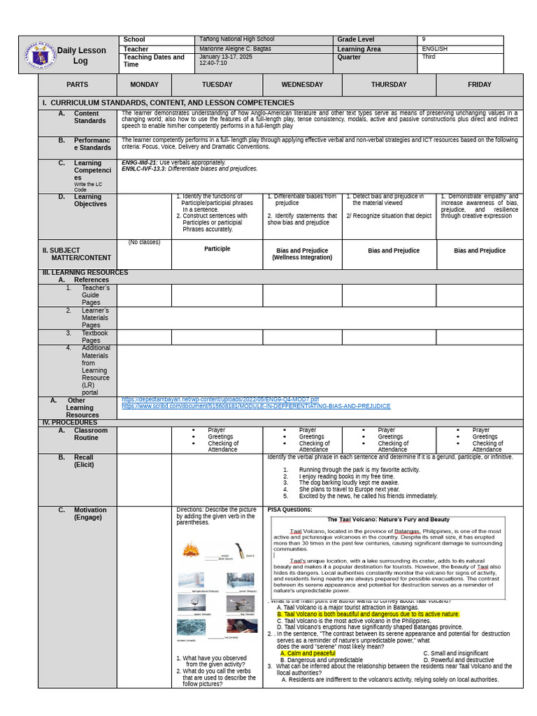 Eng 9-3rd-Wk3-Jan 20-24-25 | PDF | Learning | Volcano