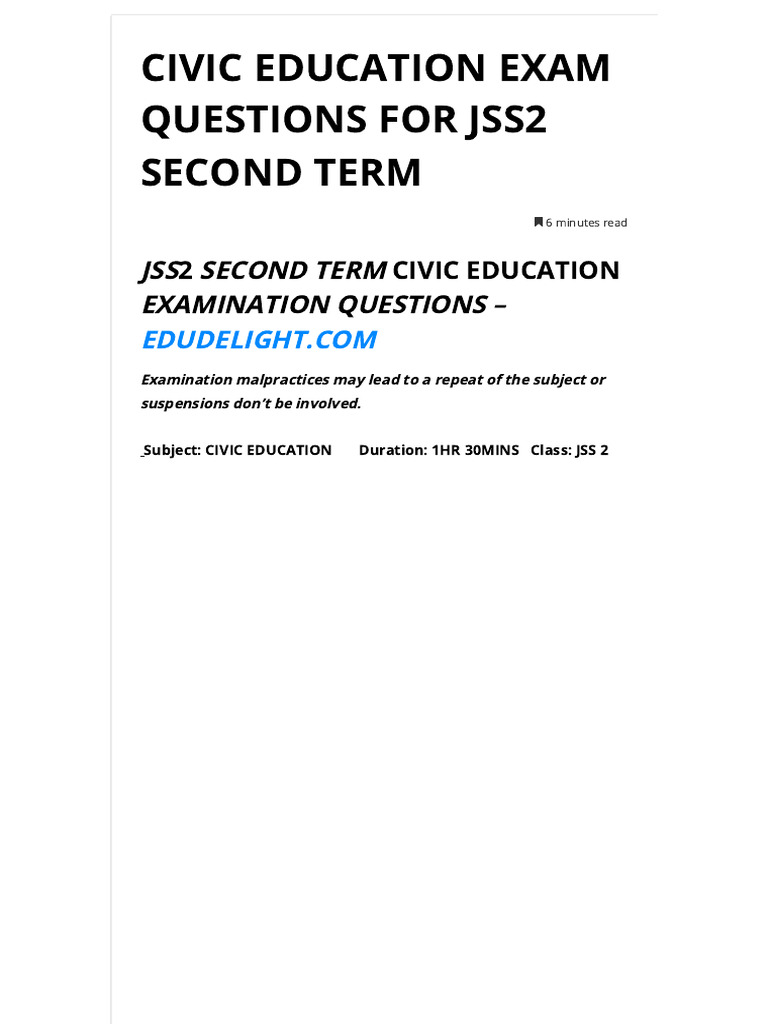 JSS2 Civic Education Second Term Exam | PDF | Http Cookie | Rule Of Law
