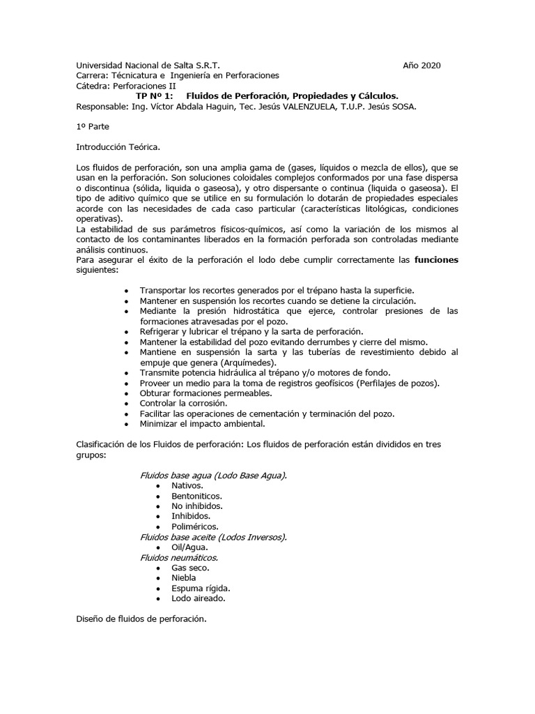 TP #1 Lodos para Perfo II 2020 | PDF | Filtración | Líquidos