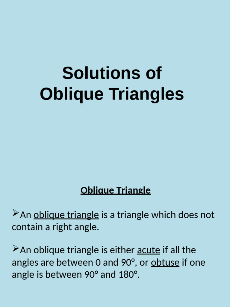 8 - Solutions of Oblique Triangles | PDF | Trigonometric Functions | Elementary Mathematics