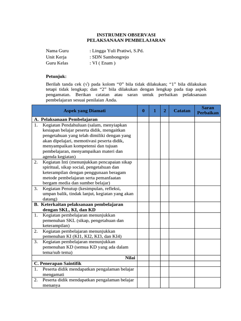 Lampiran 9 Instrumen Observasi Pembelajaran LINGGA | PDF