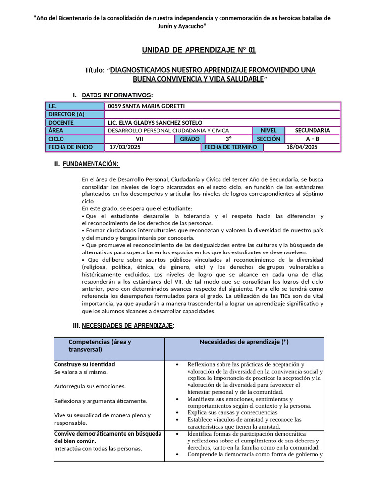 UNIDAD 1 (3° Grado) - DPCC - 2025 | PDF | Aprendizaje | Las emociones