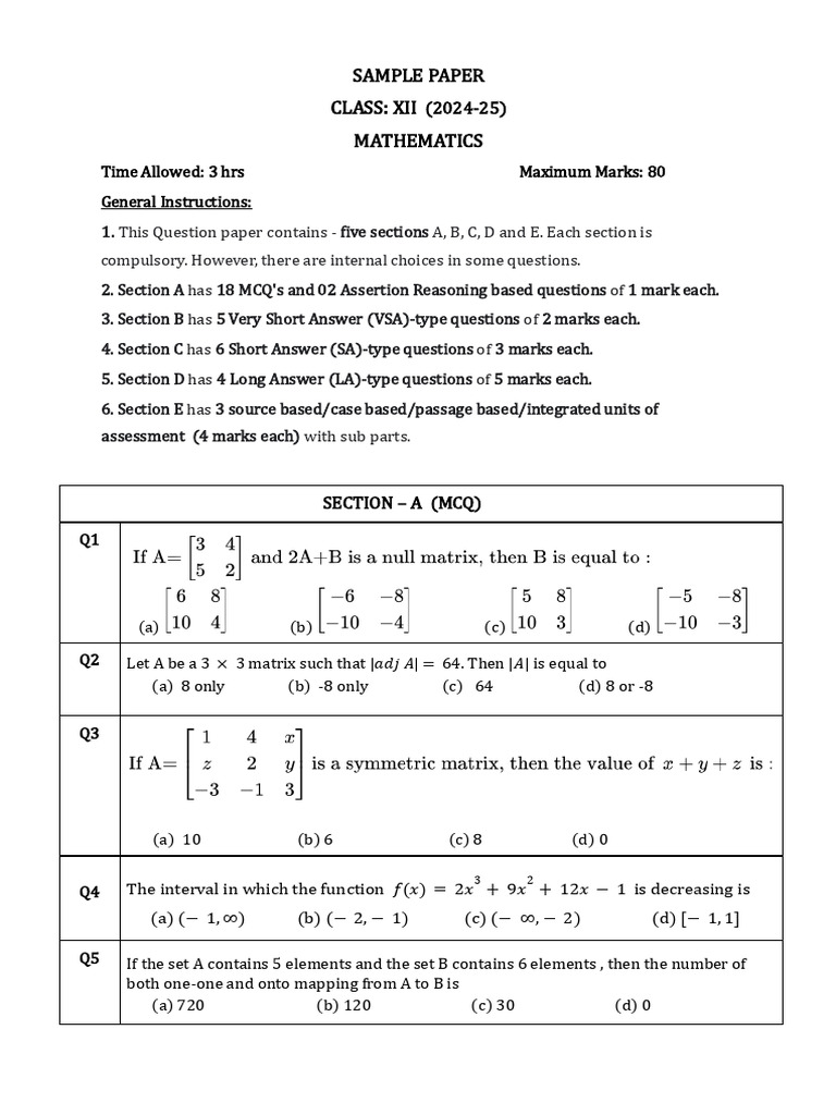 Class 12 Mathematics Sample Paper 2024-25 | PDF | Equations | Function ...