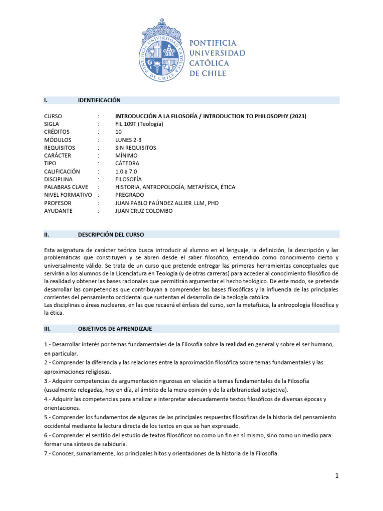 PROGRAMA FIL 109T INTRODUCCIÓN A LA FILOSOFÍA 2023. Juan Pablo Faúndez Allier | PDF | Platón ...