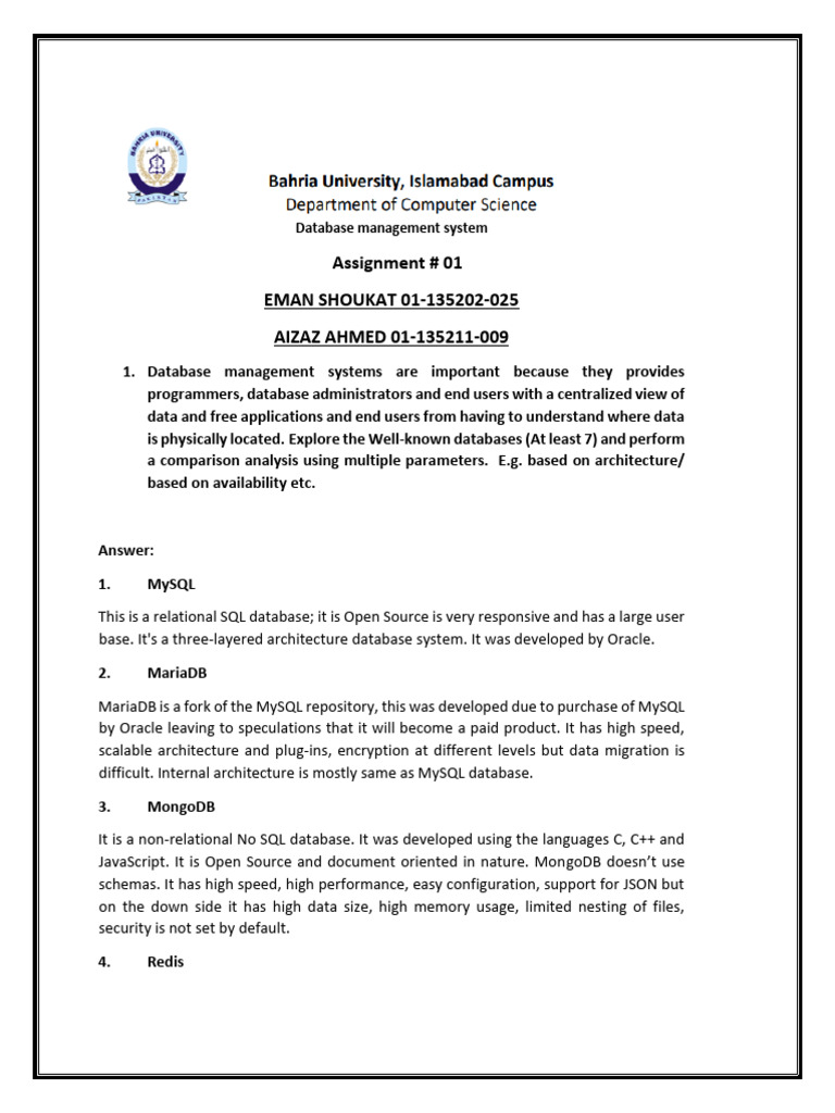 Emaan and Aizaz DBMS Class Assgn 1 | PDF | Databases | My Sql