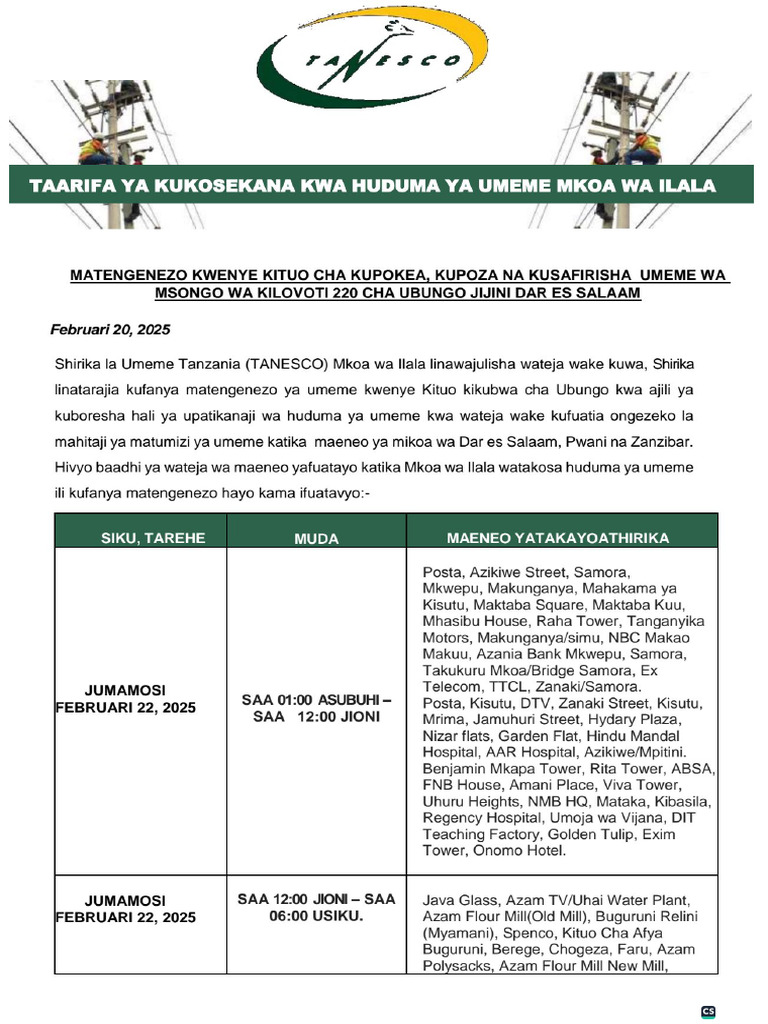 UMEME RATIBA 22nd Feb To 28th Feb 2025 | PDF