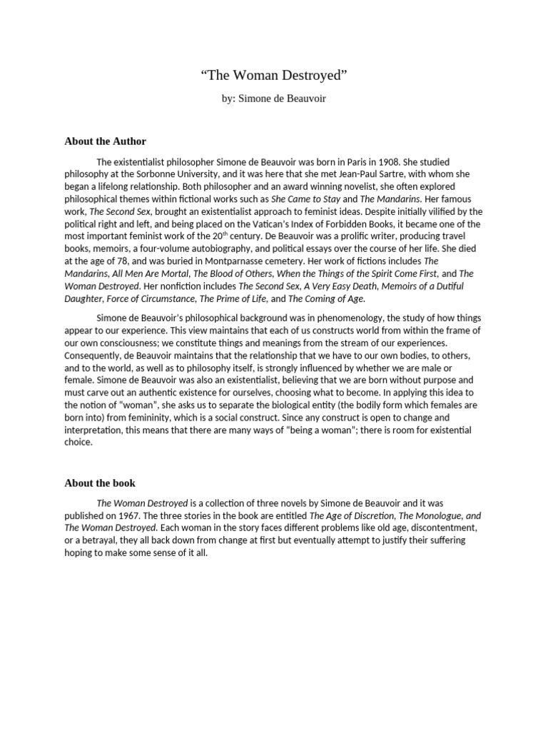The Woman Destroyed | PDF | Simone De Beauvoir | Existentialism