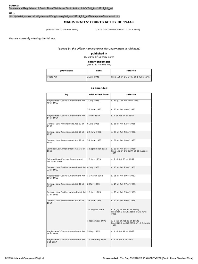 South Africa Magistrates' Courts Act 1944 | PDF | Magistrate | Trials