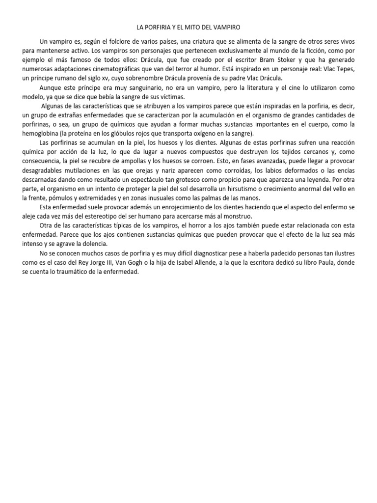 La Porfiria y El Mito Del Vampiro - Texto Expositivo | PDF | Vampiros ...