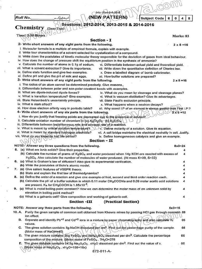 Past Paper 11th Class Rawalpindi Board Chemistry New Pattern Subjective ...