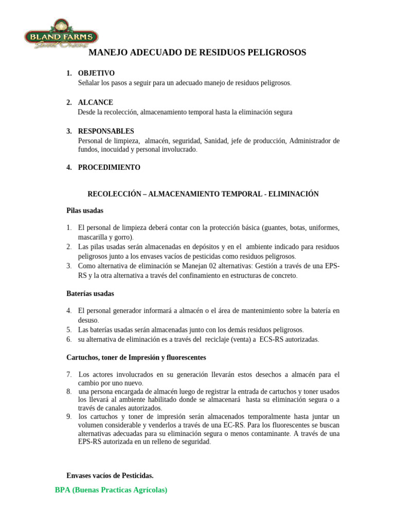 PO-BF-FARMS - PLA-022 Manejo Adecuado de Residuos Peligrosos | PDF | Residuos | Pesticida