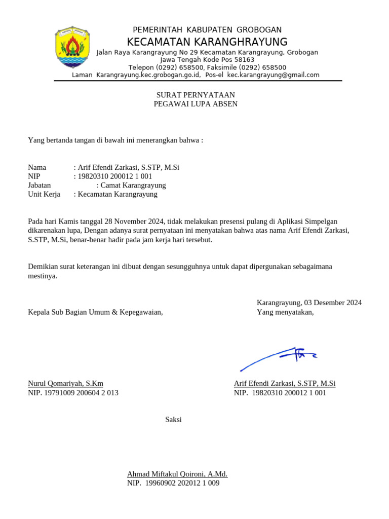 Surat Keterangan Lupa Absen | PDF