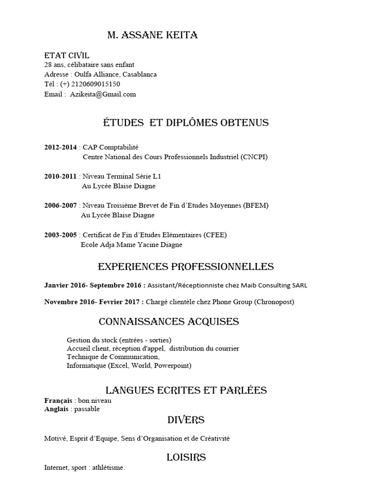 CV d'Assane Keita - Comptabilité et Accueil | PDF