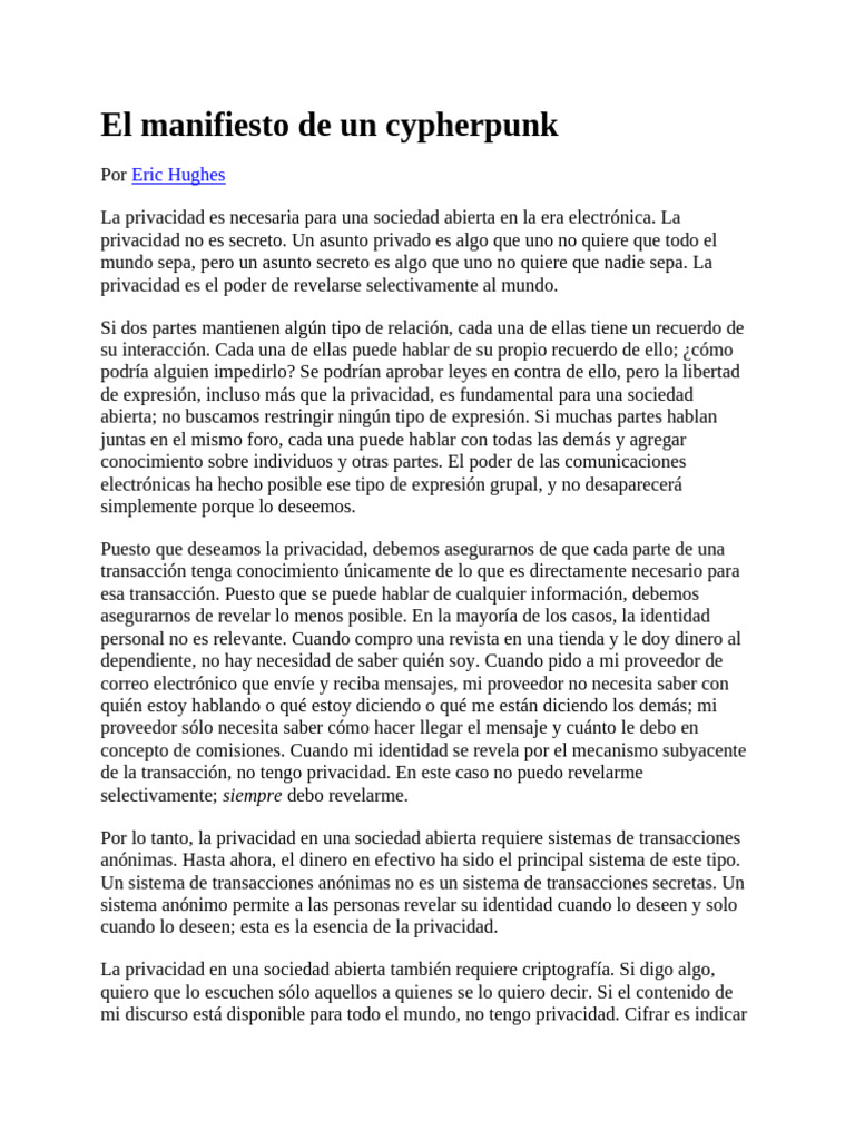 El Manifiesto de Un Cypherpunk | PDF | Anonimato | Criptografía