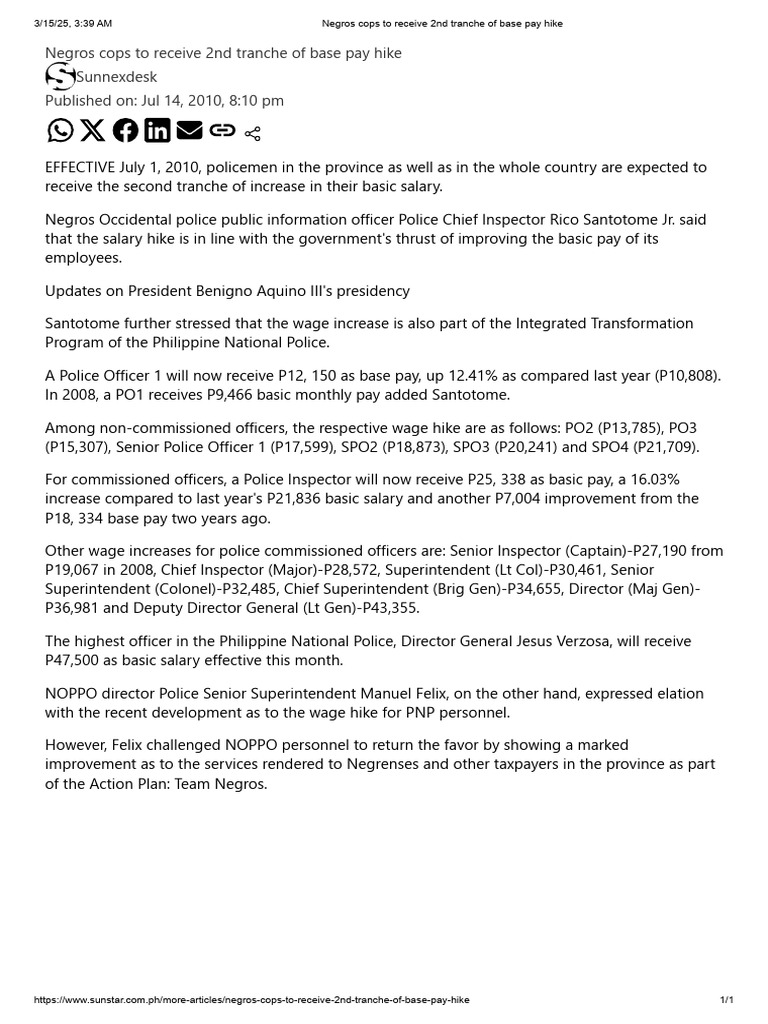 Article - PNP 2nd Tranche of Base Pay Hike - 2010 - 14jul2010 | PDF