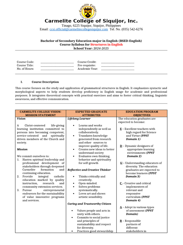 Structures in English Course Syllabus | PDF | Learning | Teachers