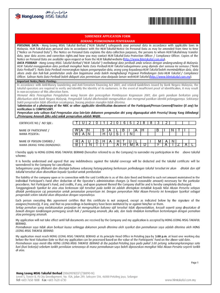 Surrender Application Form | PDF