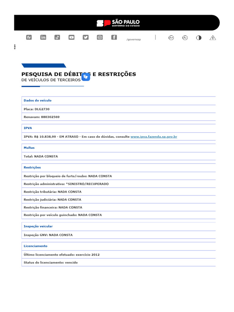 Débitos e Restrições de Veículo SP | PDF