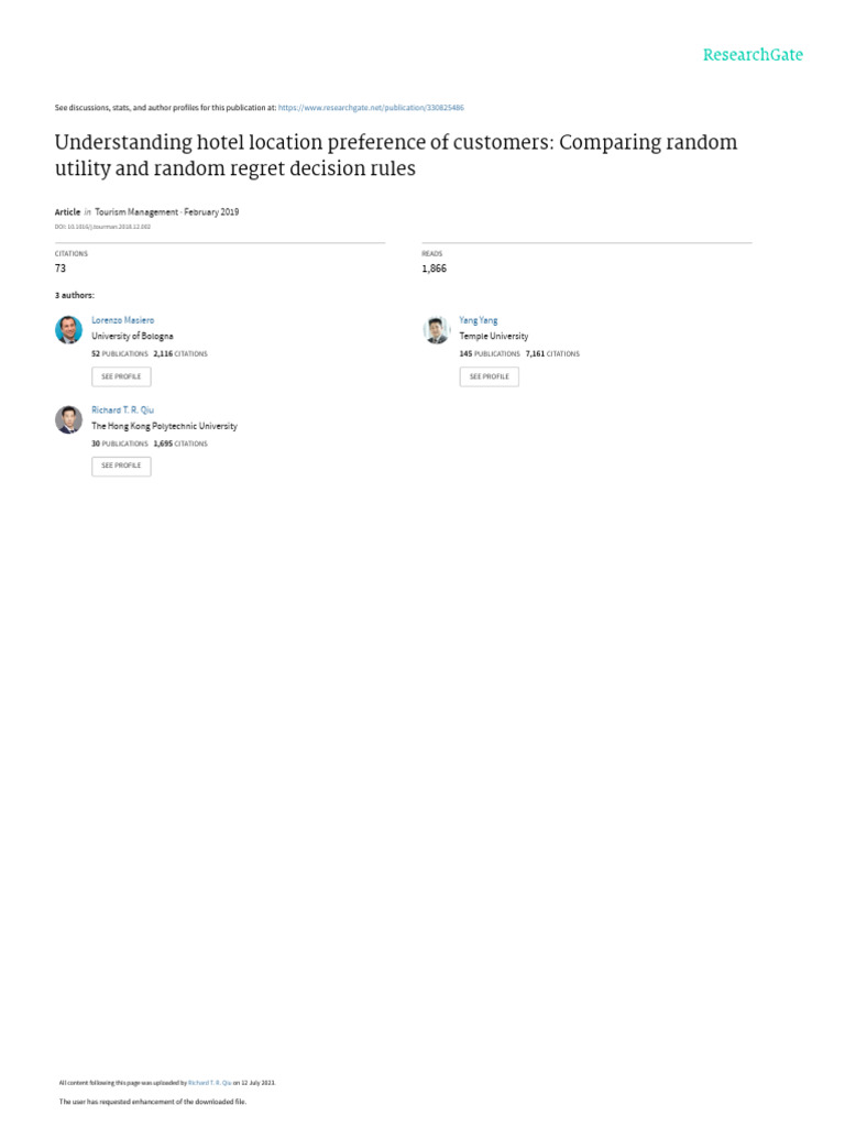 Understanding Hotel Location Preference of Customers Comparing Random Utility and Random Regret ...
