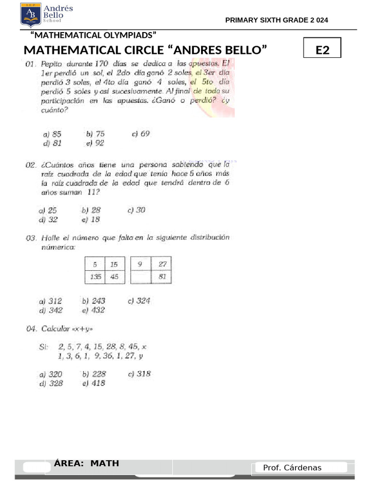 6TO G MATEMATICA C´RCULO MATEMATICO A B FICHA 3 E2 | PDF