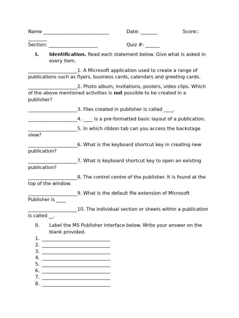 Microsoft Publisher Interface Quiz | PDF