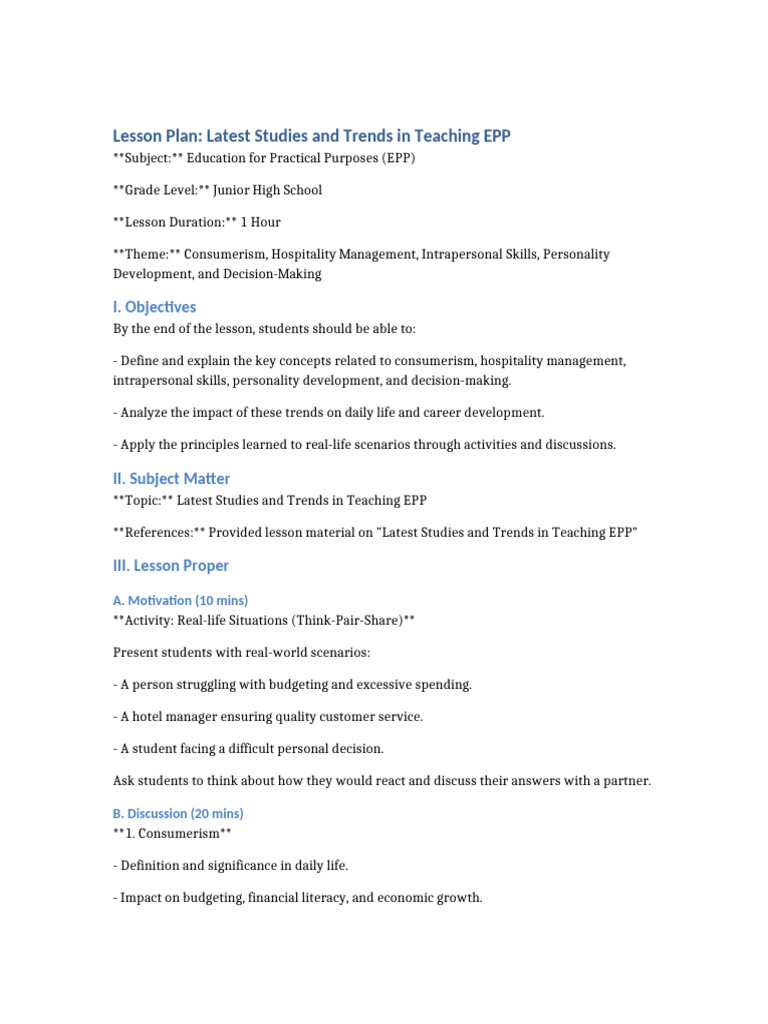 Lesson Plan EPP | PDF | Decision Making | Personal Development
