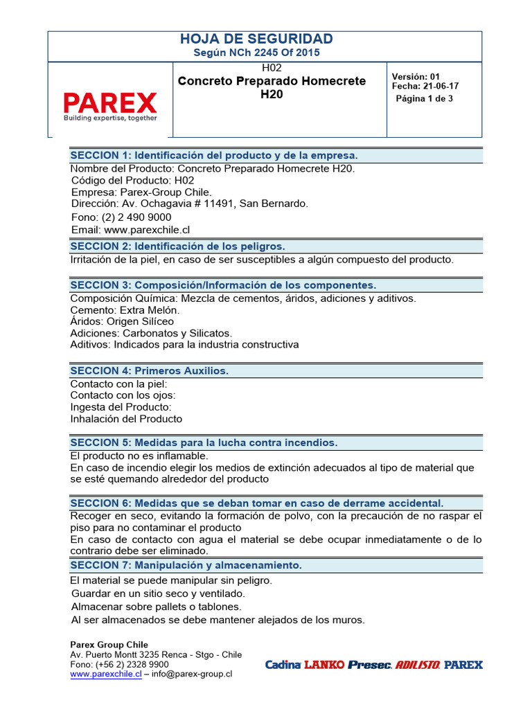 Hoja de Seguridad Hormigón H20 | PDF | Hormigón | Agua