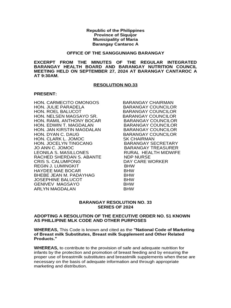 (CANTAROC A) Barangay Resolution 33 (Milk Code) | PDF | Breastfeeding ...