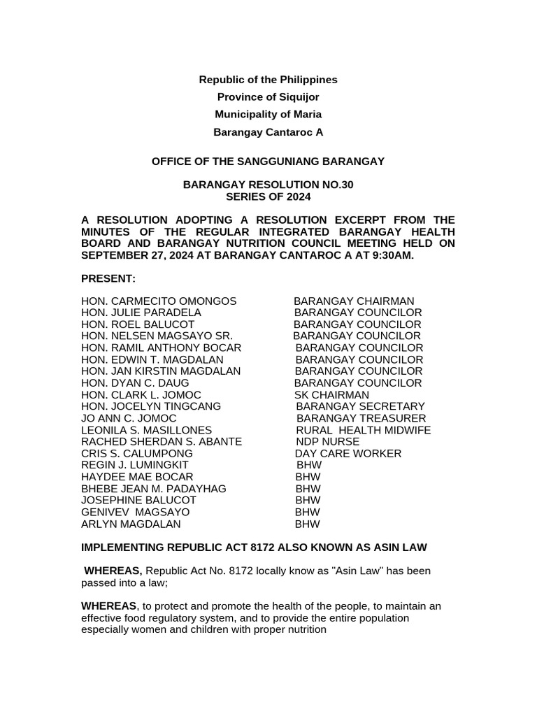 (CANTAROC A) Barangay Resolution No.30 Series of 2019 (ASIN LAW) | PDF
