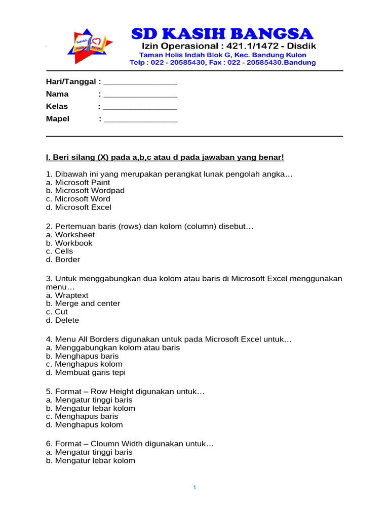 LKPD Microsoft Excel Kelas 5 SD | PDF