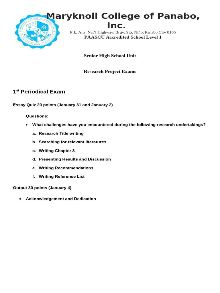 Maryknoll College Research Project Exam Guide | PDF