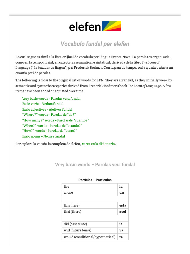 Vocabulo Fundal Per Elefen - Elefen | PDF