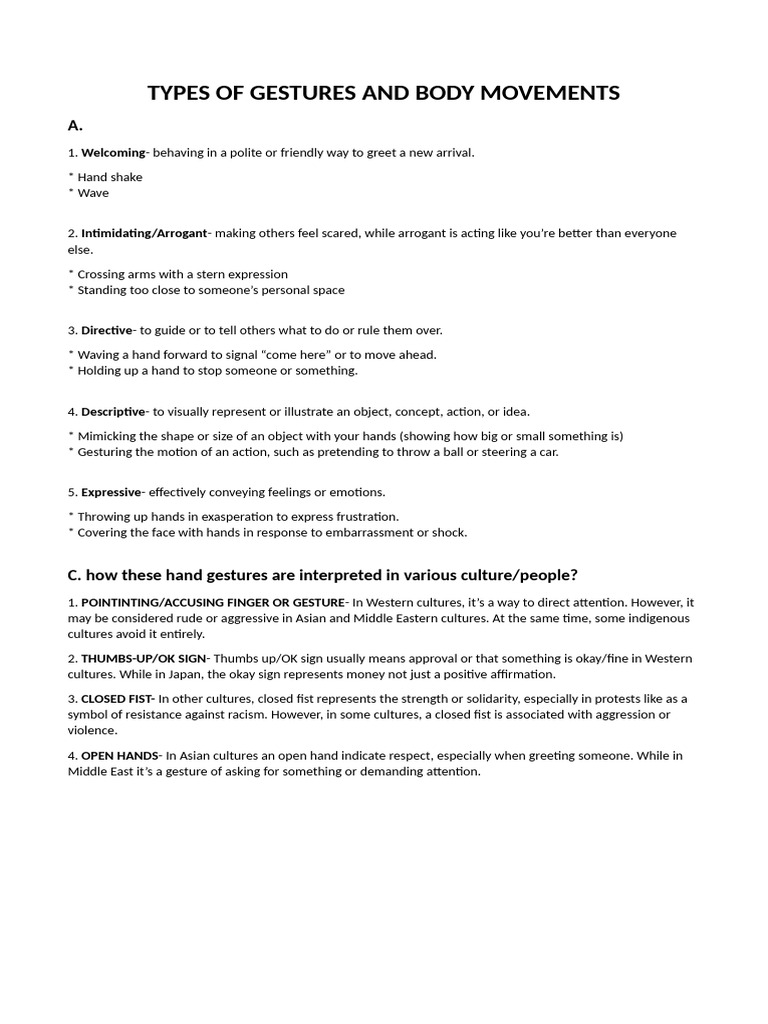 Types of Gestures and Body Movements | PDF | Gesture | Facial Expression