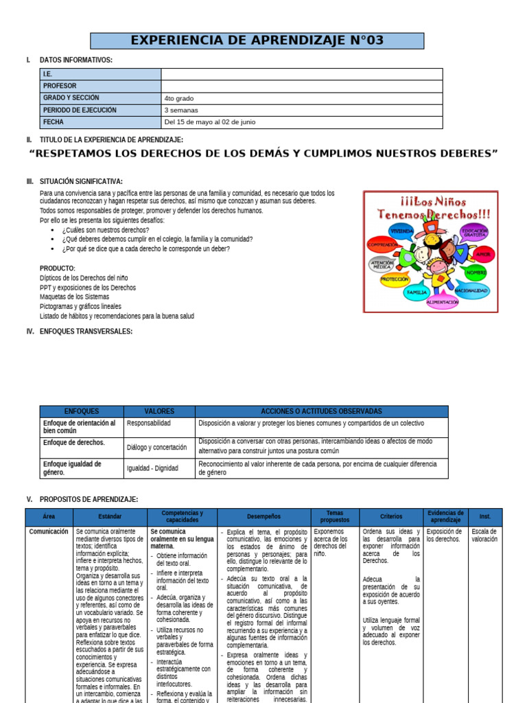 4° Grado - Experiencia de Aprendizaje N°03 | PDF | Datos | Multiplicación
