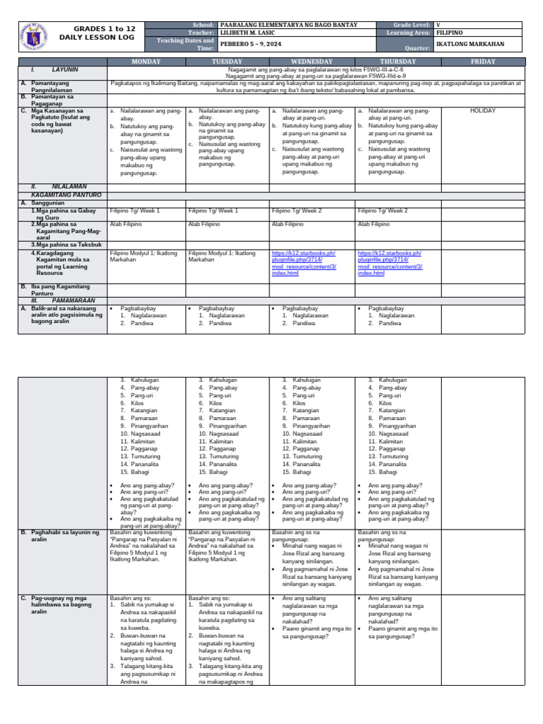 DLL - Filipino 5 - Q3 - W2 | PDF