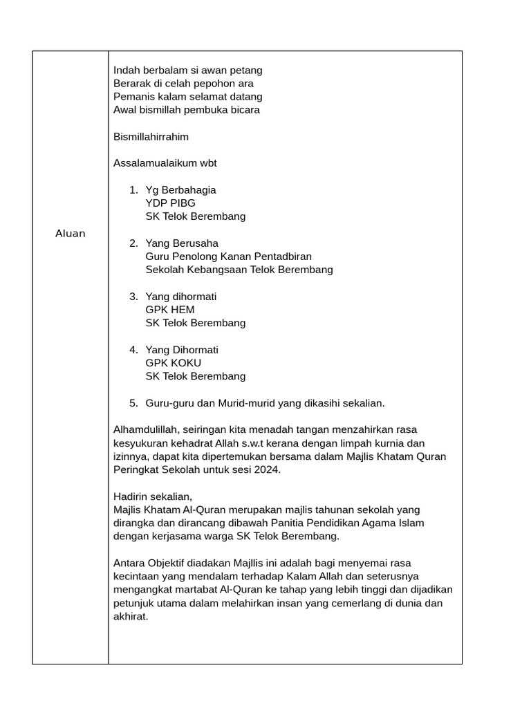 Skrip Emcee Majlis Khatam Alquran | PDF
