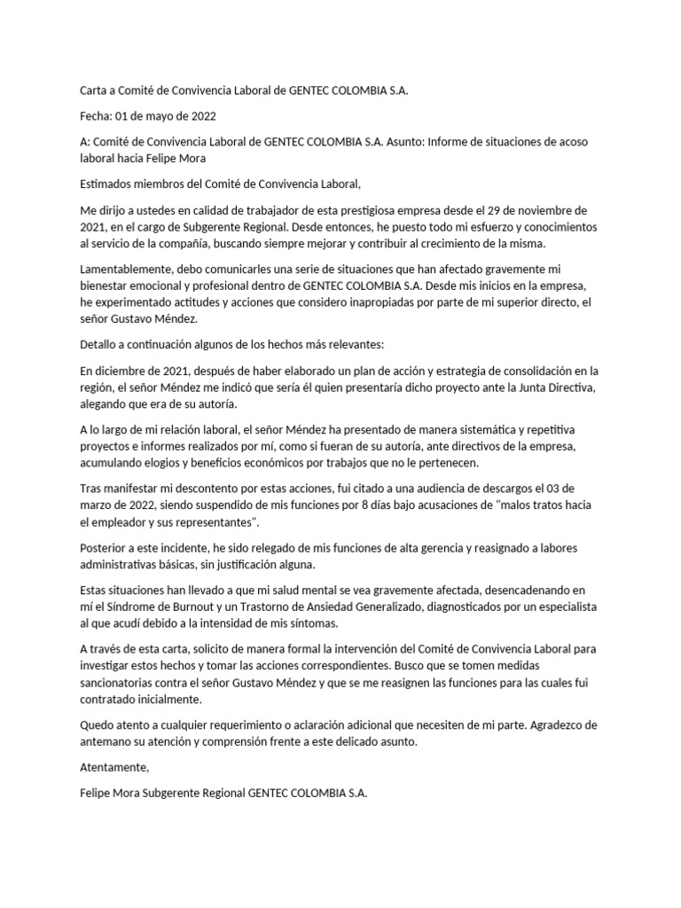 Carta Comite de Convivencia | PDF | Salud mental | Sicología