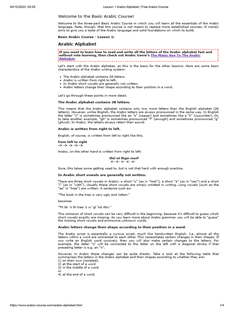 Lesson 1 Arabic Alphabet - Free Arabic Course | PDF | Alphabet | Arabic