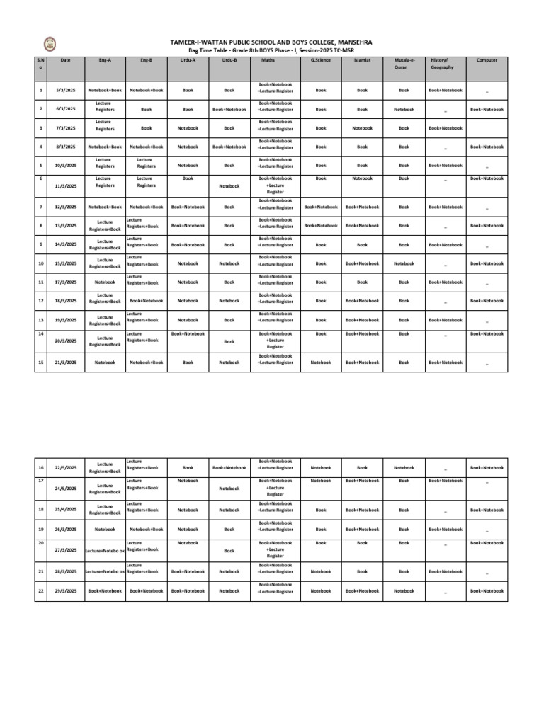 Bag Time Table Grade 8th Boys 2025... | PDF